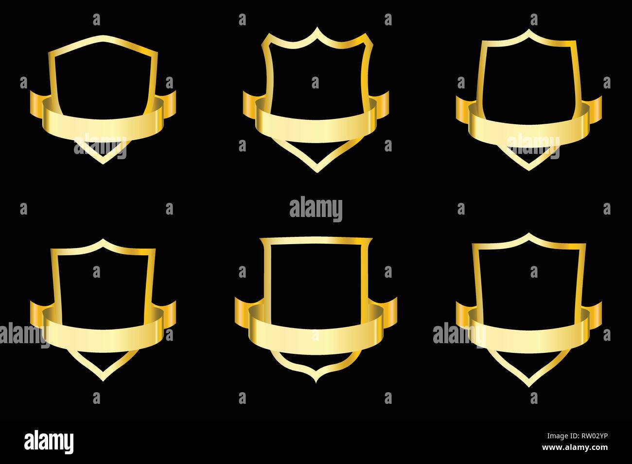 Set of six heraldic golden shields with ribbon. Vector illustration for ...