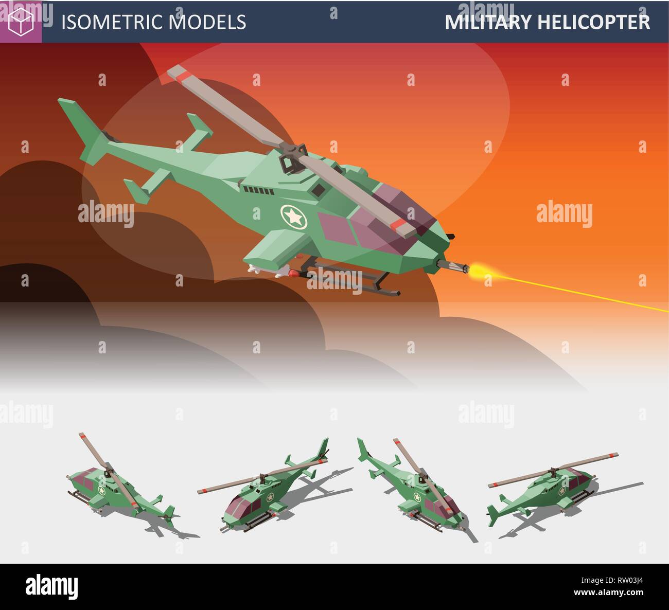 Isometric Single-Engine Attack Helicopter Set. Military Air Transport ...