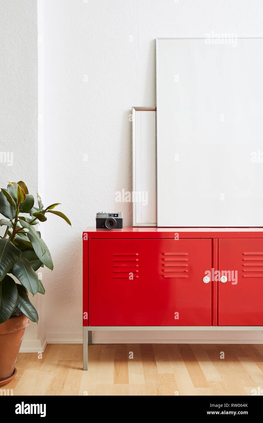 large picture frames on red locker photographer decoration Stock Photo ...