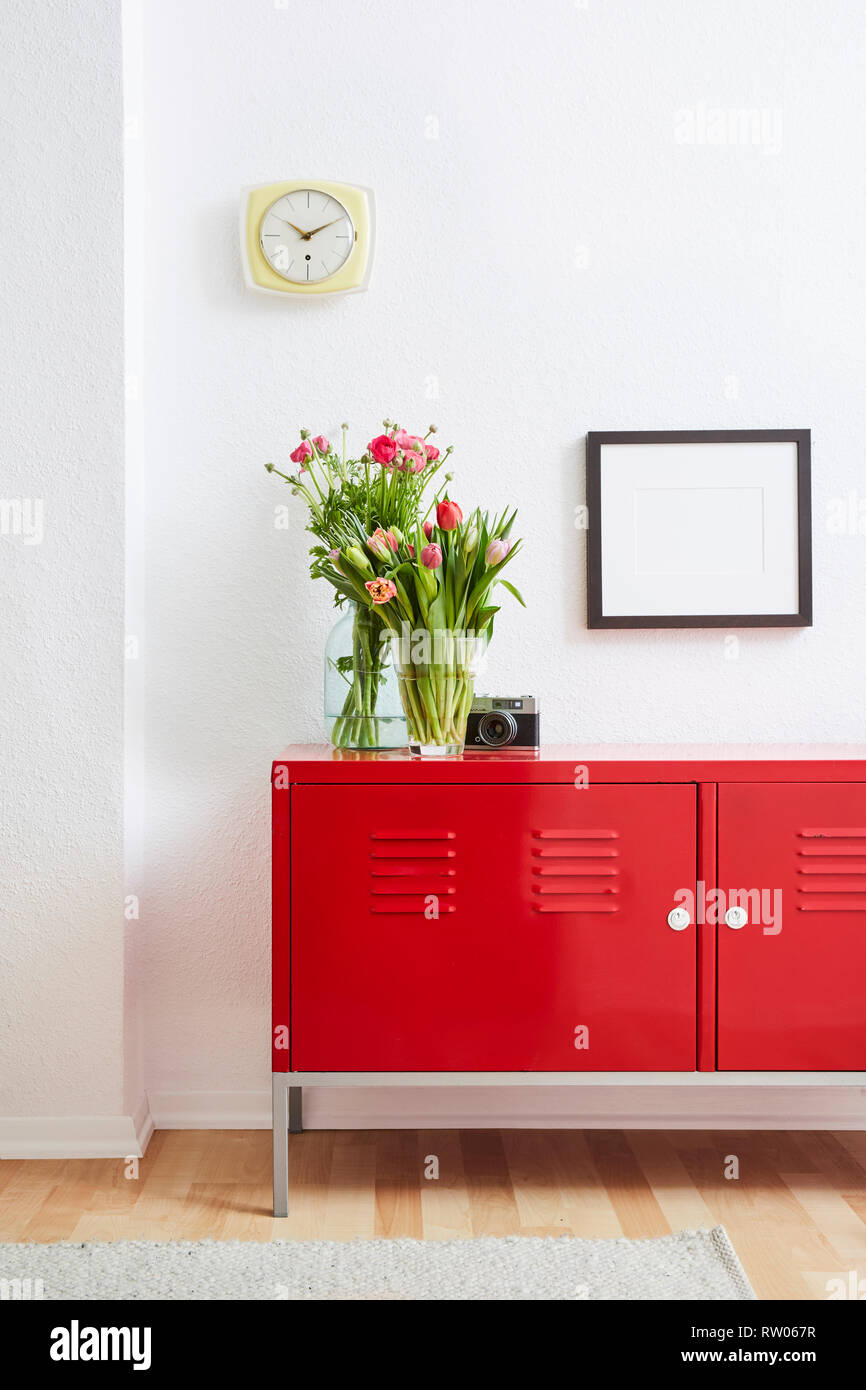 retro photographer interior millenial lifestyle red metal locker Stock ...