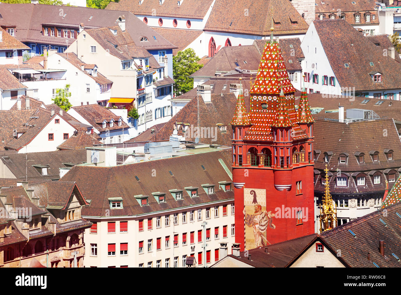 Top view of Basel cityscape with City Hall red painted tower and multi ...