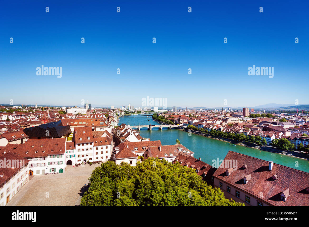 Aerial view of Basel cityscape and the Rhine river in summer ...