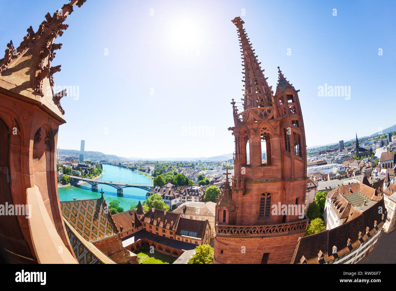 Scenic view of Basel cityscape with Minster cathedral twin towers ...