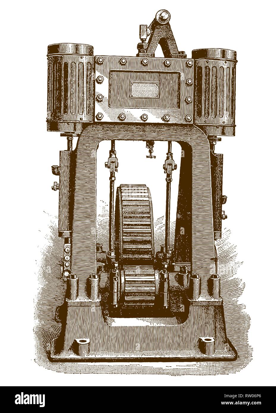 Historic vertical engine in frontal view (after an engraving or etching ...