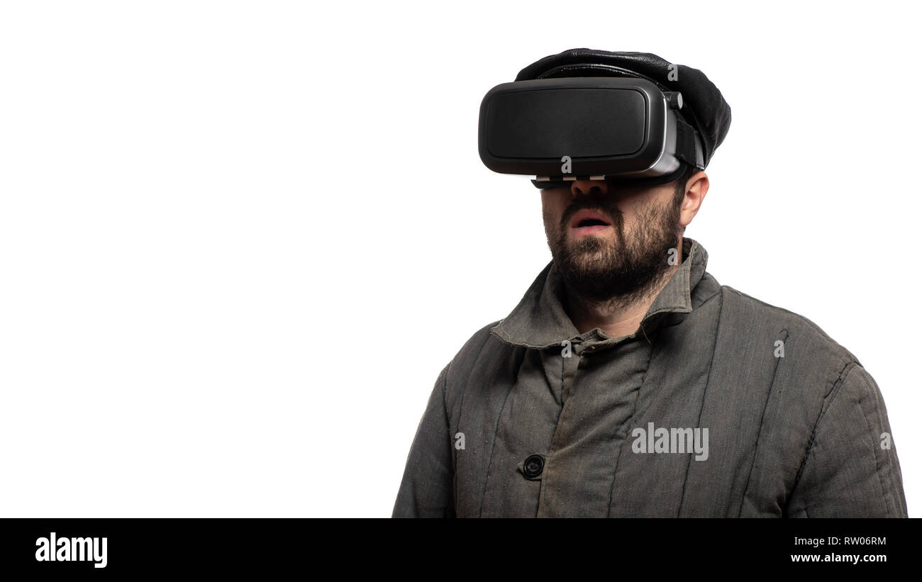 Old fashioned man develops virtual reality headset, white background ...