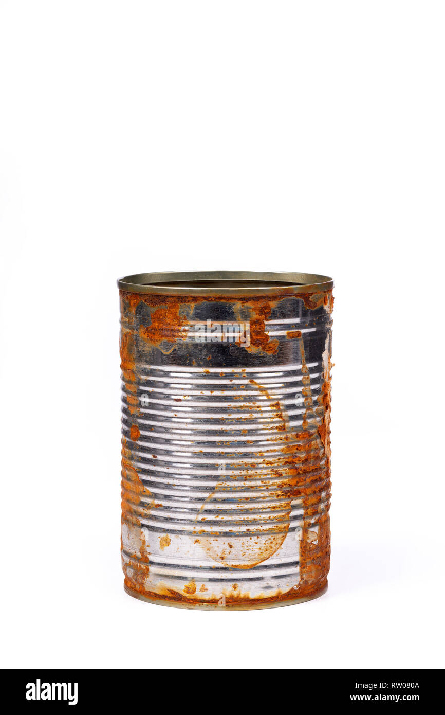 Upright standing rusty tin can isolated on white background, clipping ...