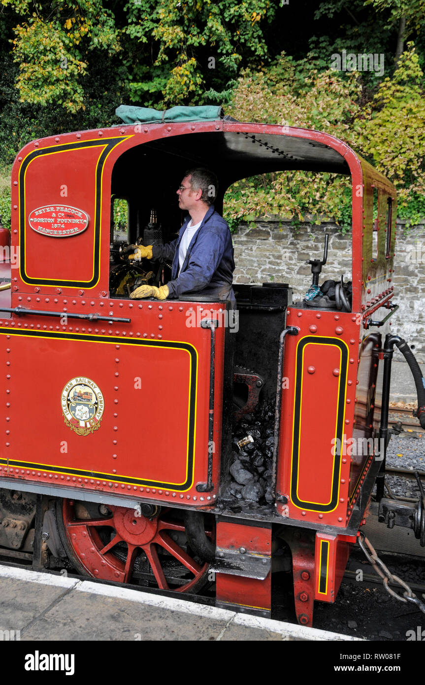 Train driver in his cab of the little steam train at Douglas mainline ...