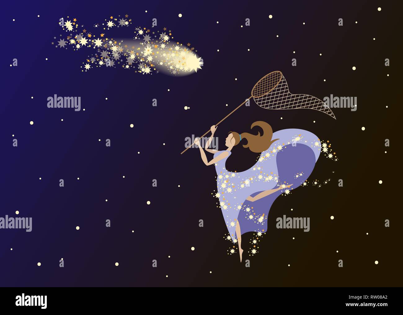girl with a net catches a comet in the night sky 10 eps Stock Vector ...