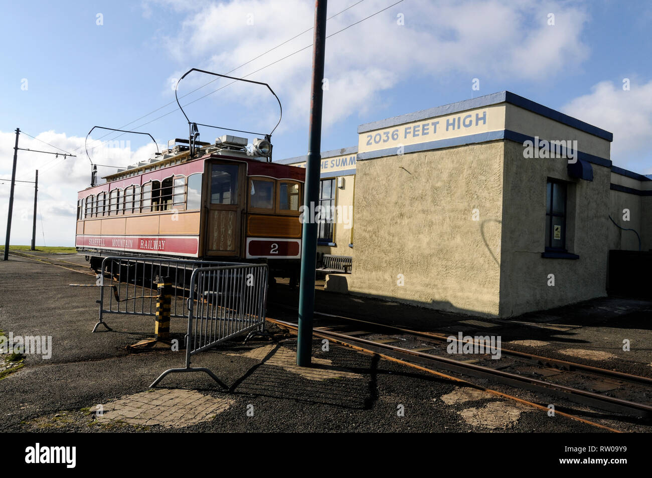 The wooden built Snaefell mountain electric powered railway tram at the ...