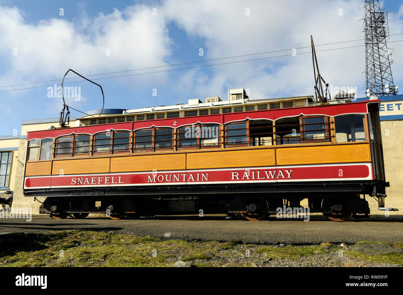 The wooden built Snaefell mountain electric powered railway tram at the ...