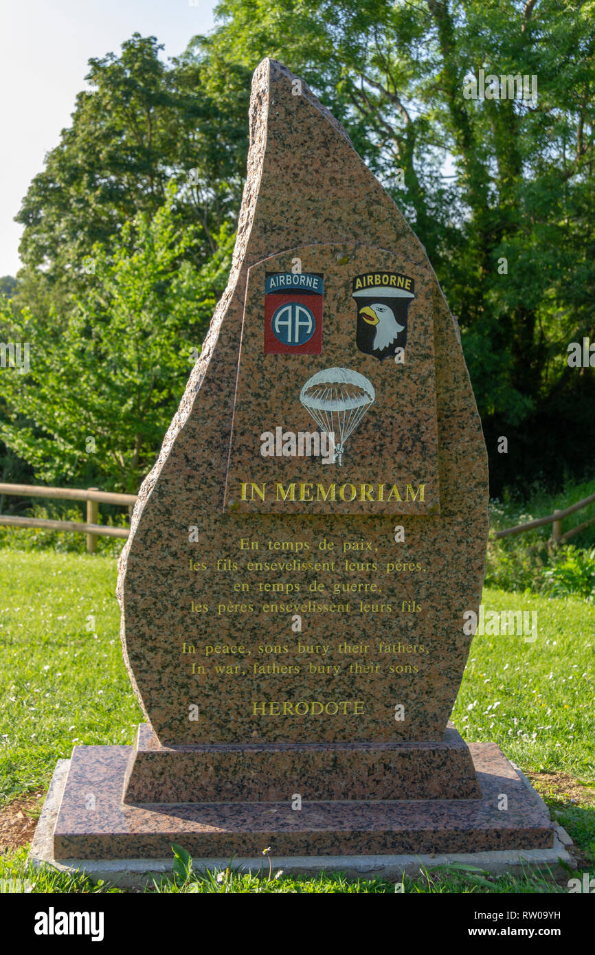 Plaque beside the ‘Iron Mike’ memorial to the 82nd Airborne and their D ...