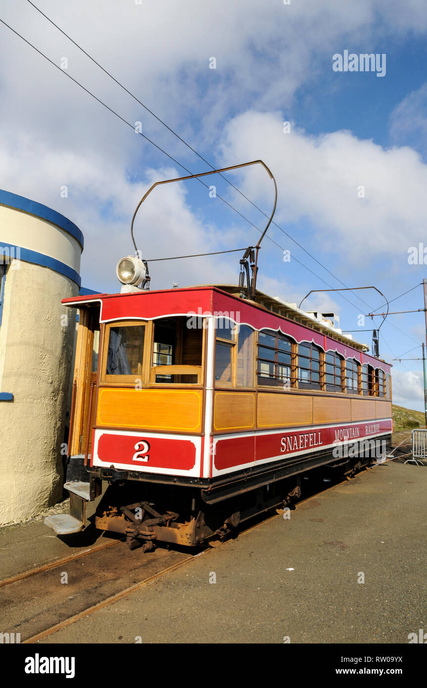 The wooden built Snaefell mountain electric powered railway tram at the ...
