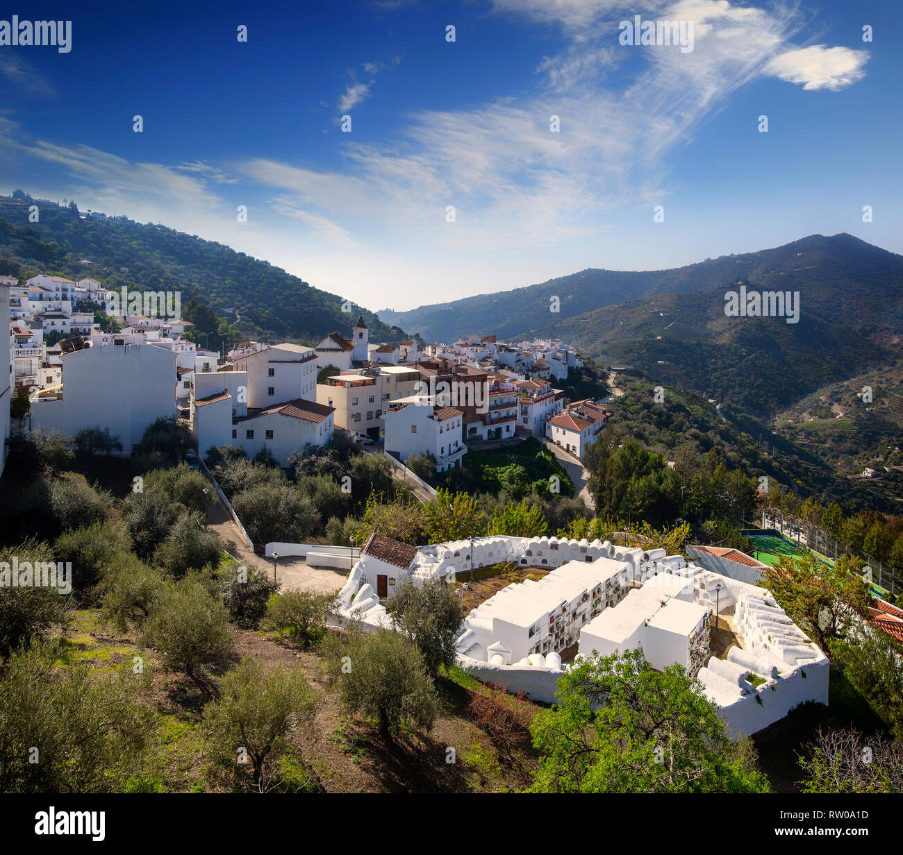 Aerial view of the Cementerio Redondo (circular cemetery) and Sayalonga ...