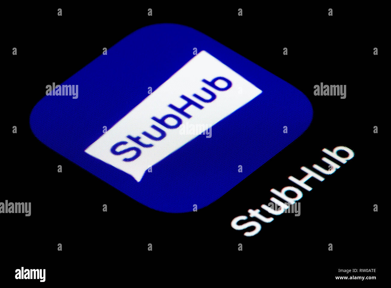A close-up shot of the StubHub app icon, as seen on the screen of a ...