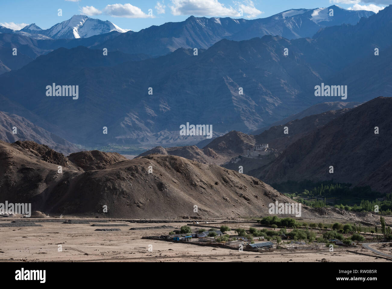 Mountain valley, village and Buddhist monastery Chamdey in Ladakh ...