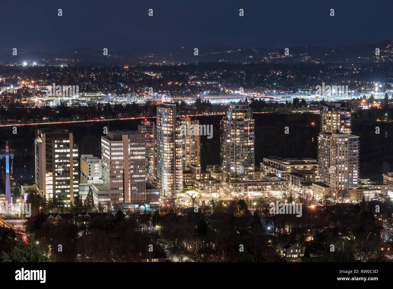 Portland Oregon's South Waterfront district at night Stock Photo - Alamy