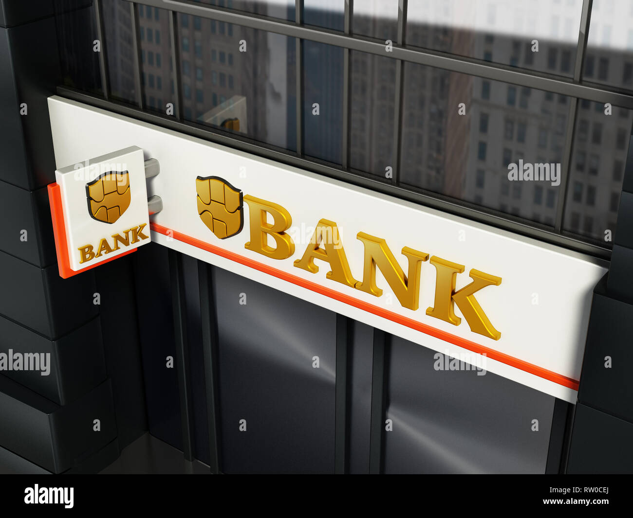 Bank signboard with fictitious logo on building exterior. 3D ...