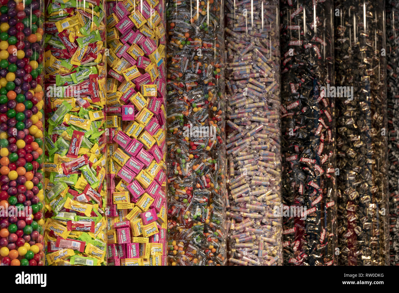Netherlands; Gouda, 2017, displays of colourful candy notably Nerds the ...