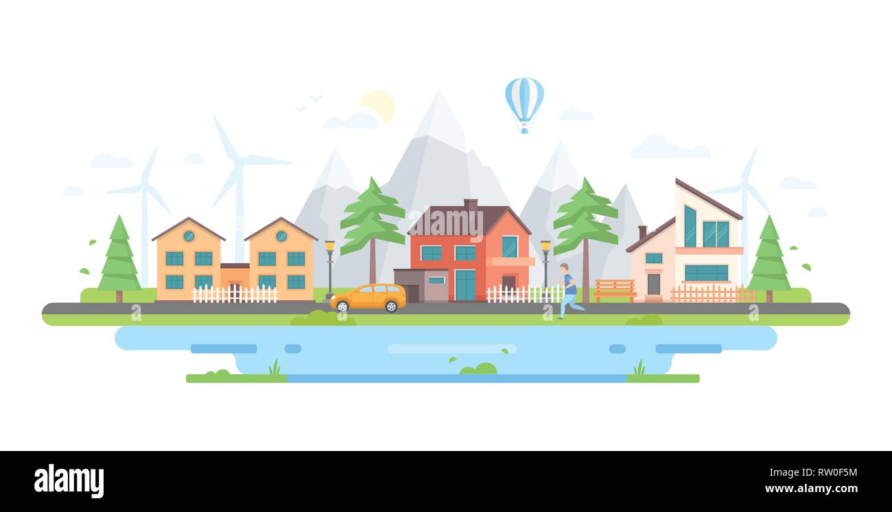Town by the hills - modern flat design style vector illustration Stock ...