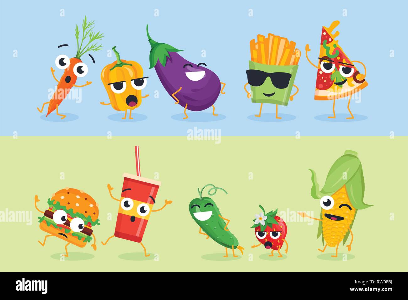 Funny vegetables and fast food - set of vector characters illustrations ...