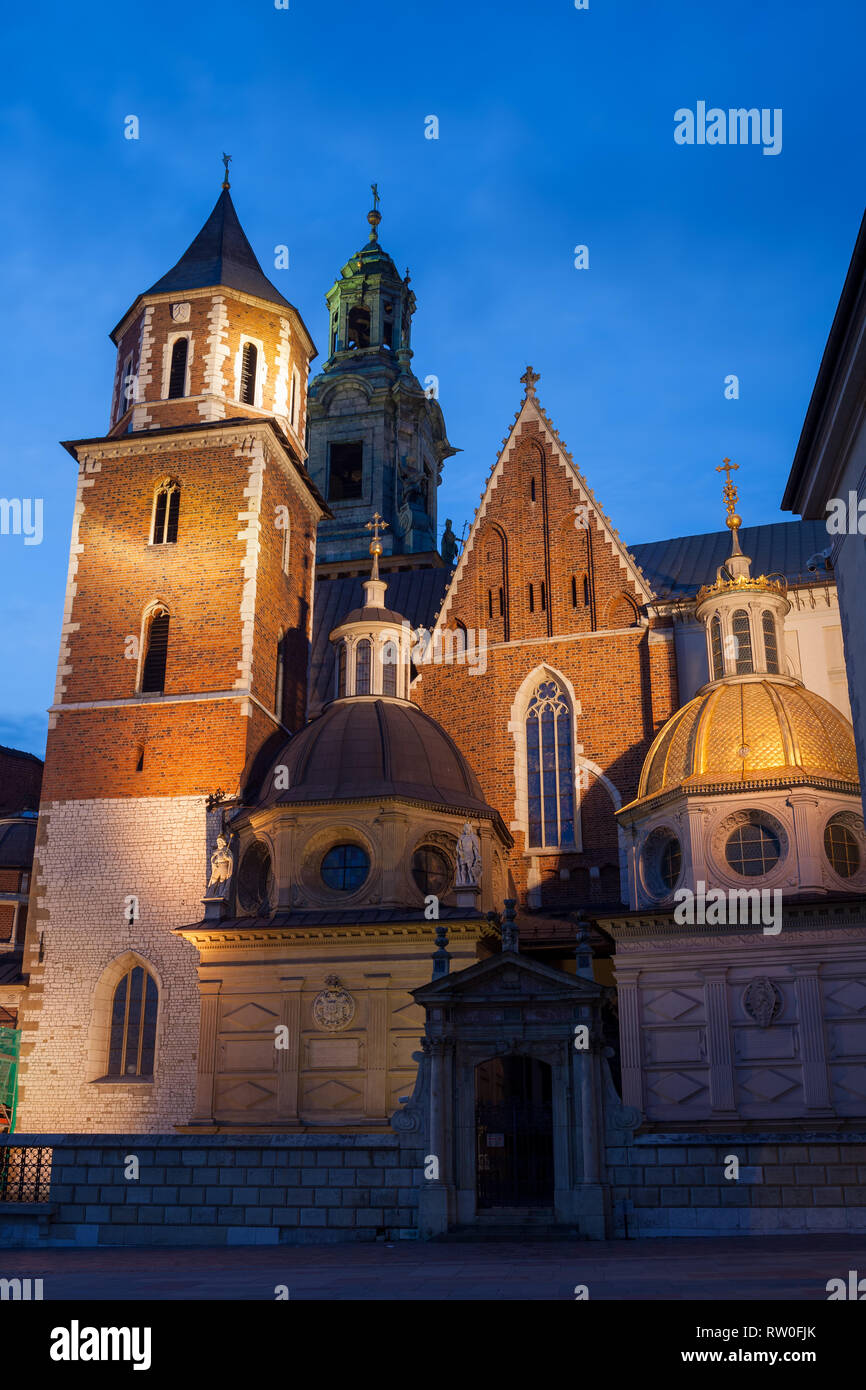 Wawel Royal Cathedral illuminated at night in Krakow, Poland. Historic ...