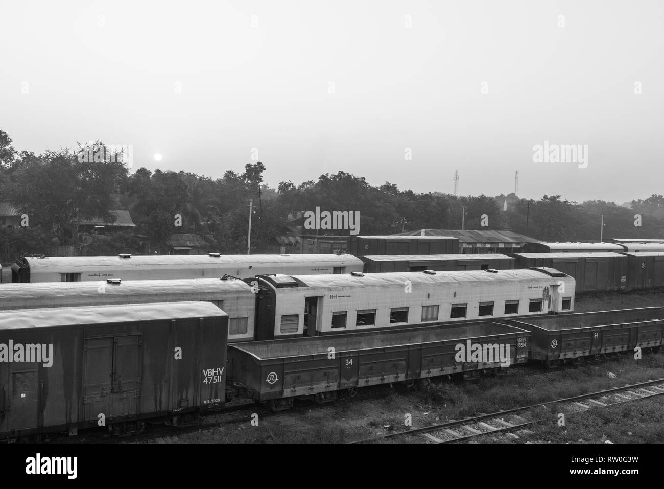 THAZI, MYANMAR - 23 NOVEMBER, 2018: Black and white picture of sunrise ...