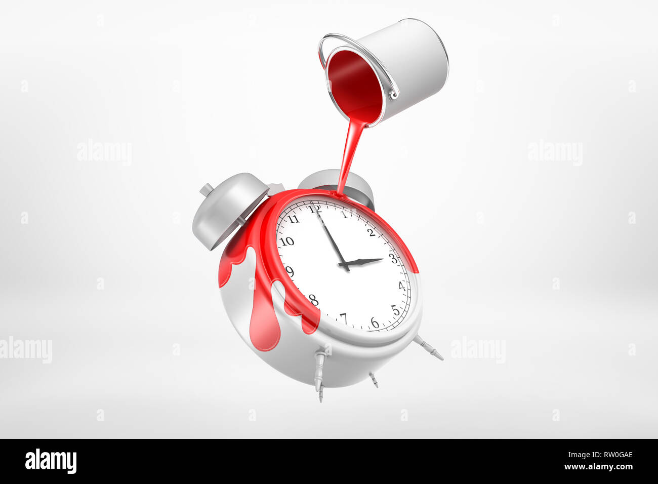 3d rendering of paint can spilling red paint on white alarm clock in ...