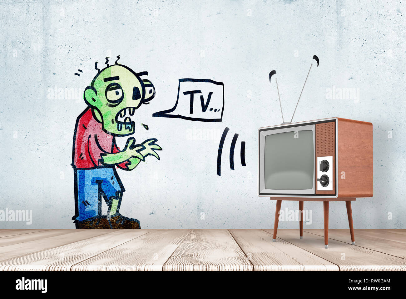 3d rendering of room with retro TV set and drawing of green zombie on ...