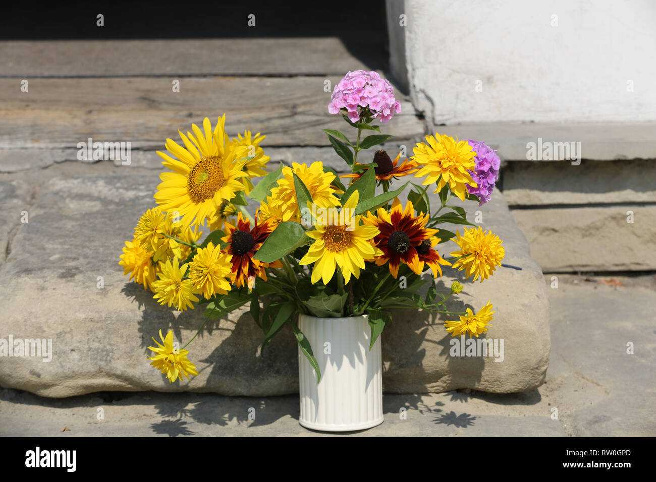 the beautiful bouquet from sunflowers, hydrangeas and chrysanthemums ...