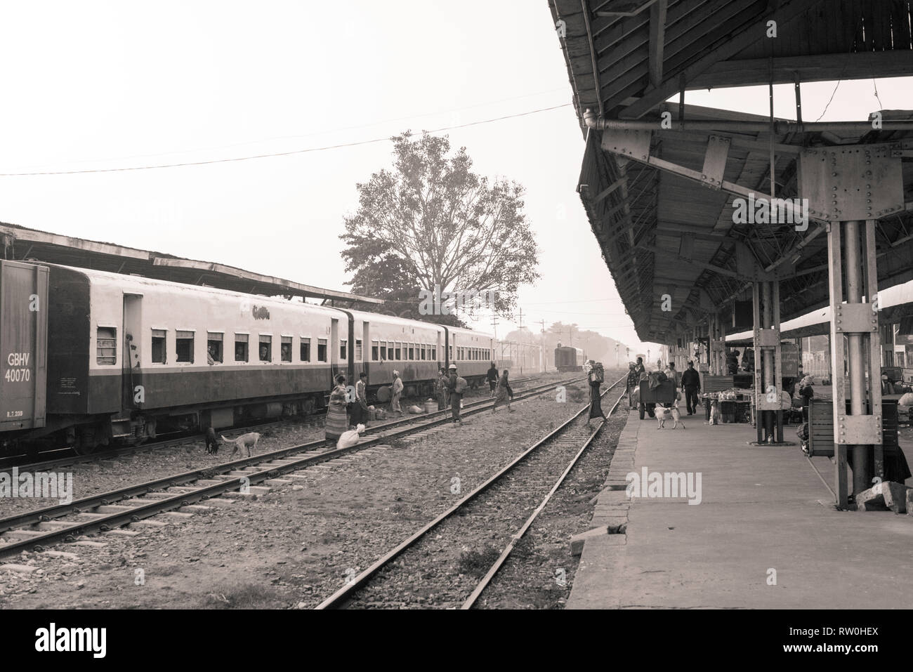 THAZI, MYANMAR - 23 NOVEMBER, 2018: Black and white picture of platform ...