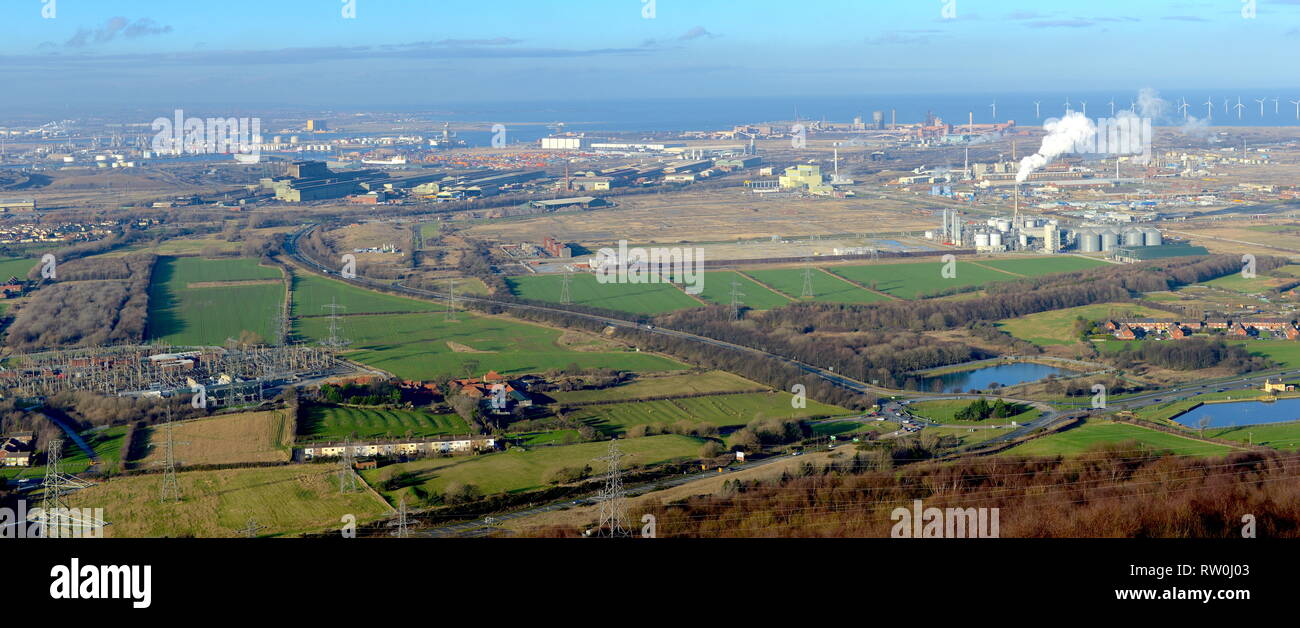 Wilton and Redcar from Eston Nab with wind turbines Stock Photo - Alamy