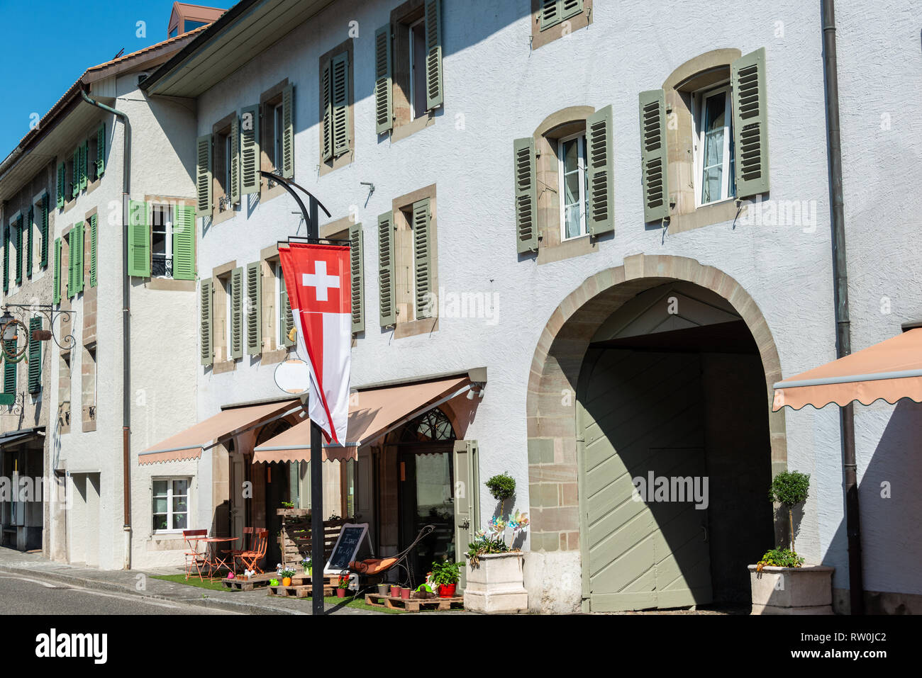Center of ancient village Beautiful city located on Lake Geneva Swiss ...