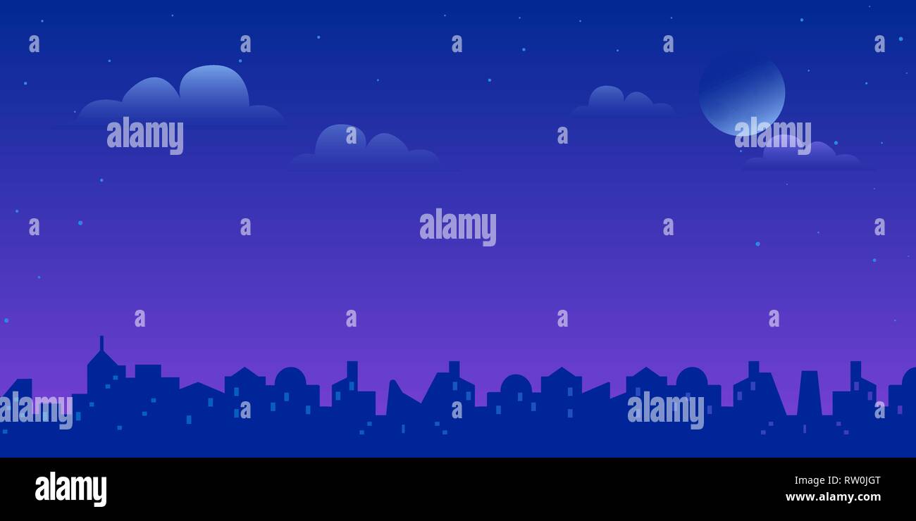 Night city landscape vector gradient illustration of bright moon and ...