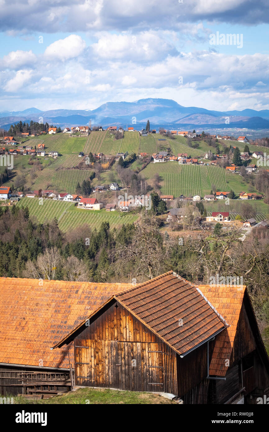 View from a farmhouse in village Langegg over Schilcherland Stainz ...