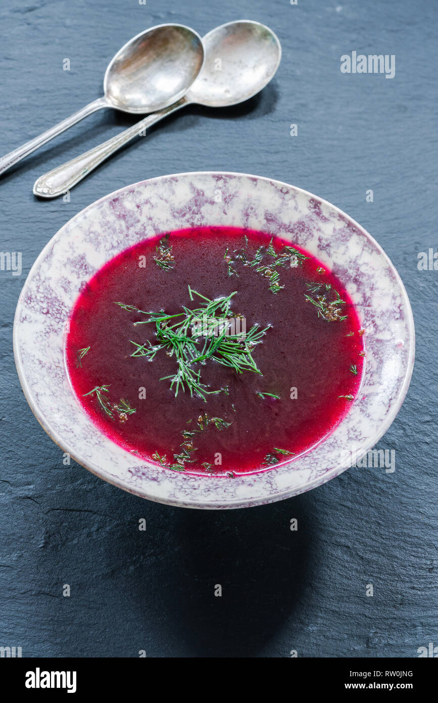 Red borscht - clear beetroot soup common in Eastern Europe and Russia ...