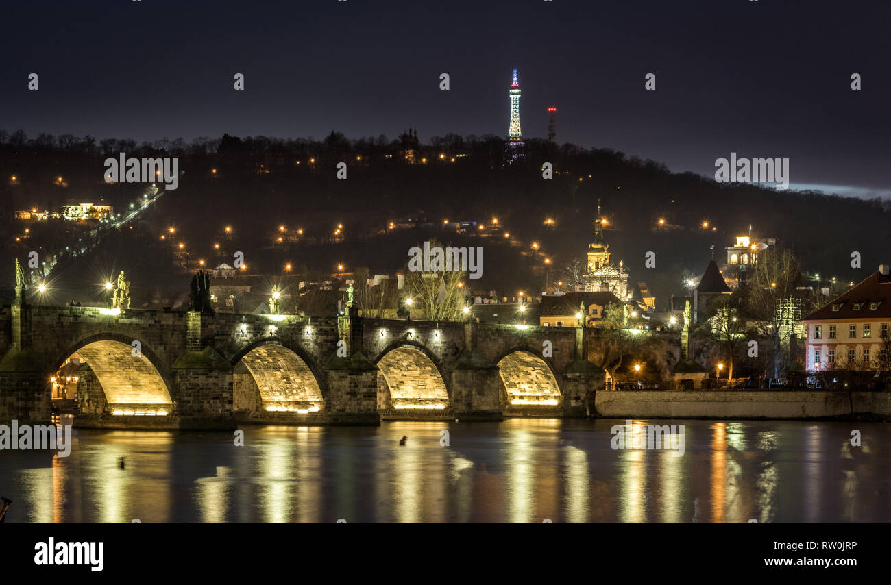 Czech capitol city Prague with river Vltava, tower Petrin and Charles ...