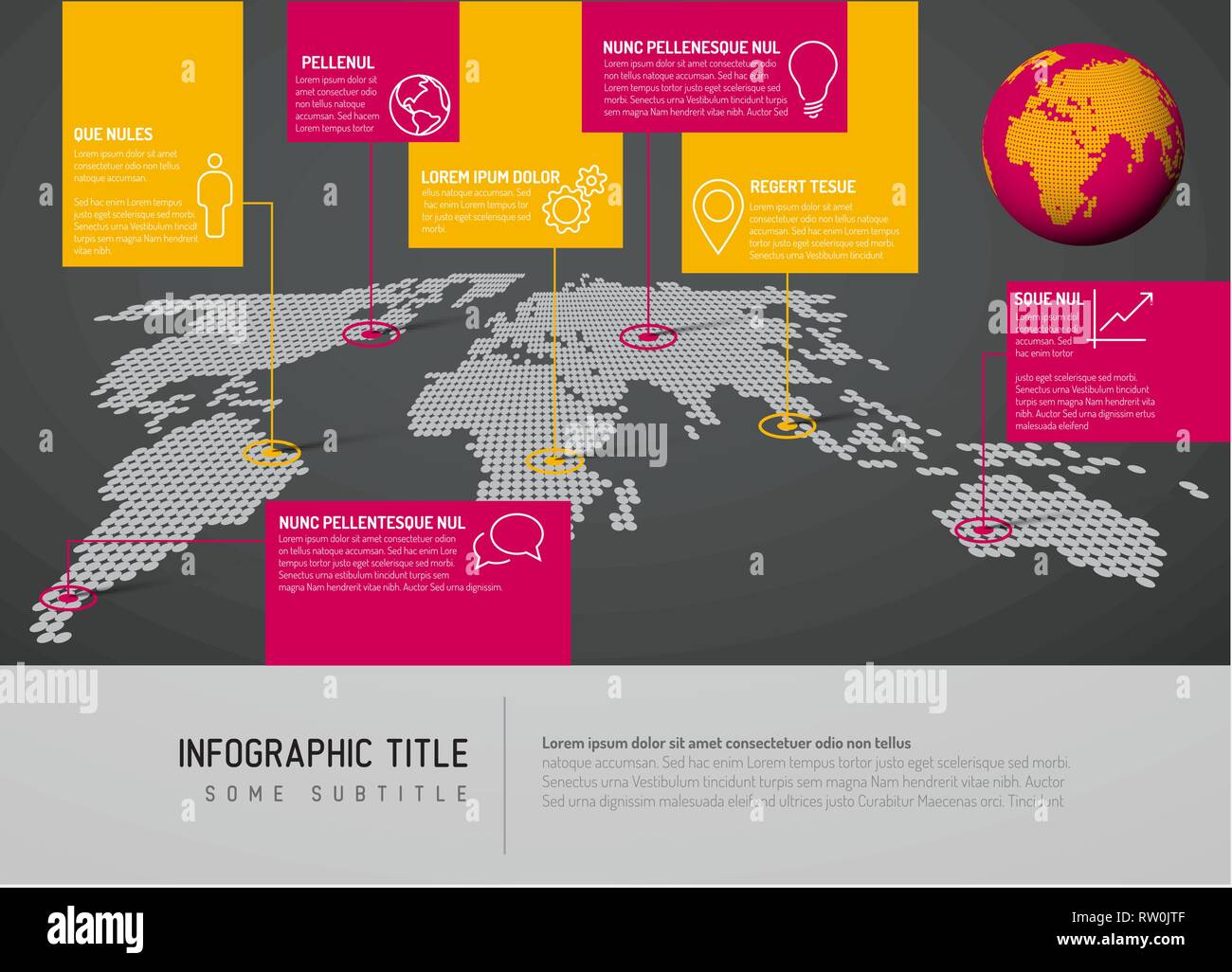 World map with pointer marks and icons - communication concept, dark yellow pink version Stock ...