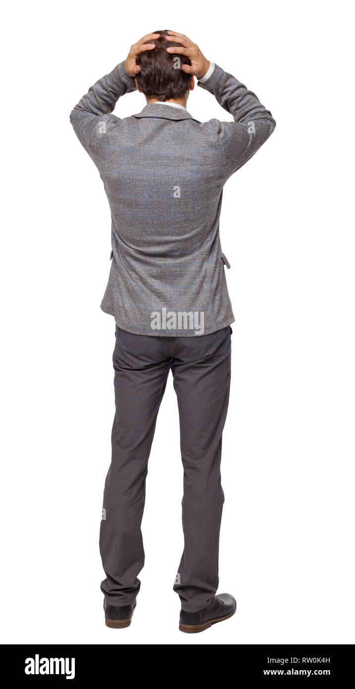 Back view of shocked business man in suit. Upset adult businessman ...