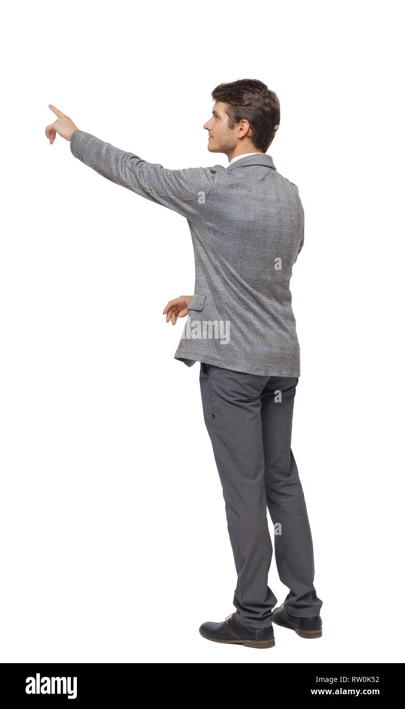 Back view of pointing business man. gesticulating young guy in black ...