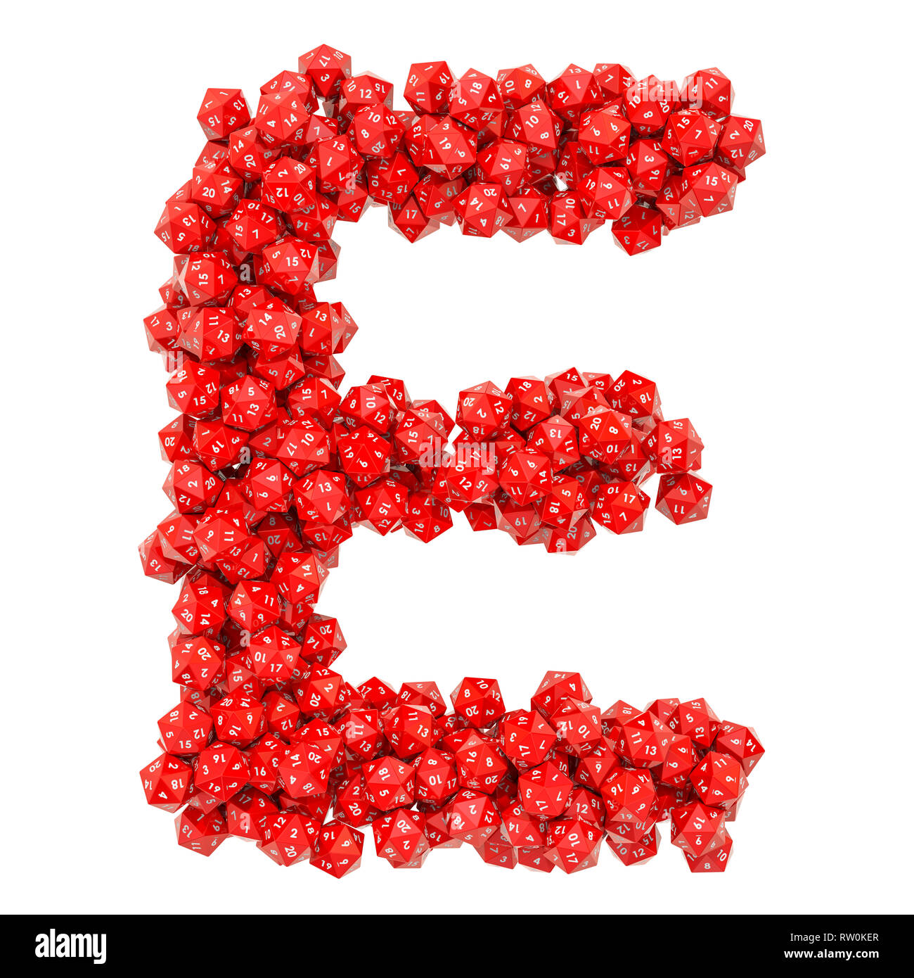 Alphabet letter E from red twenty-sided dice, 3D rendering isolated on ...
