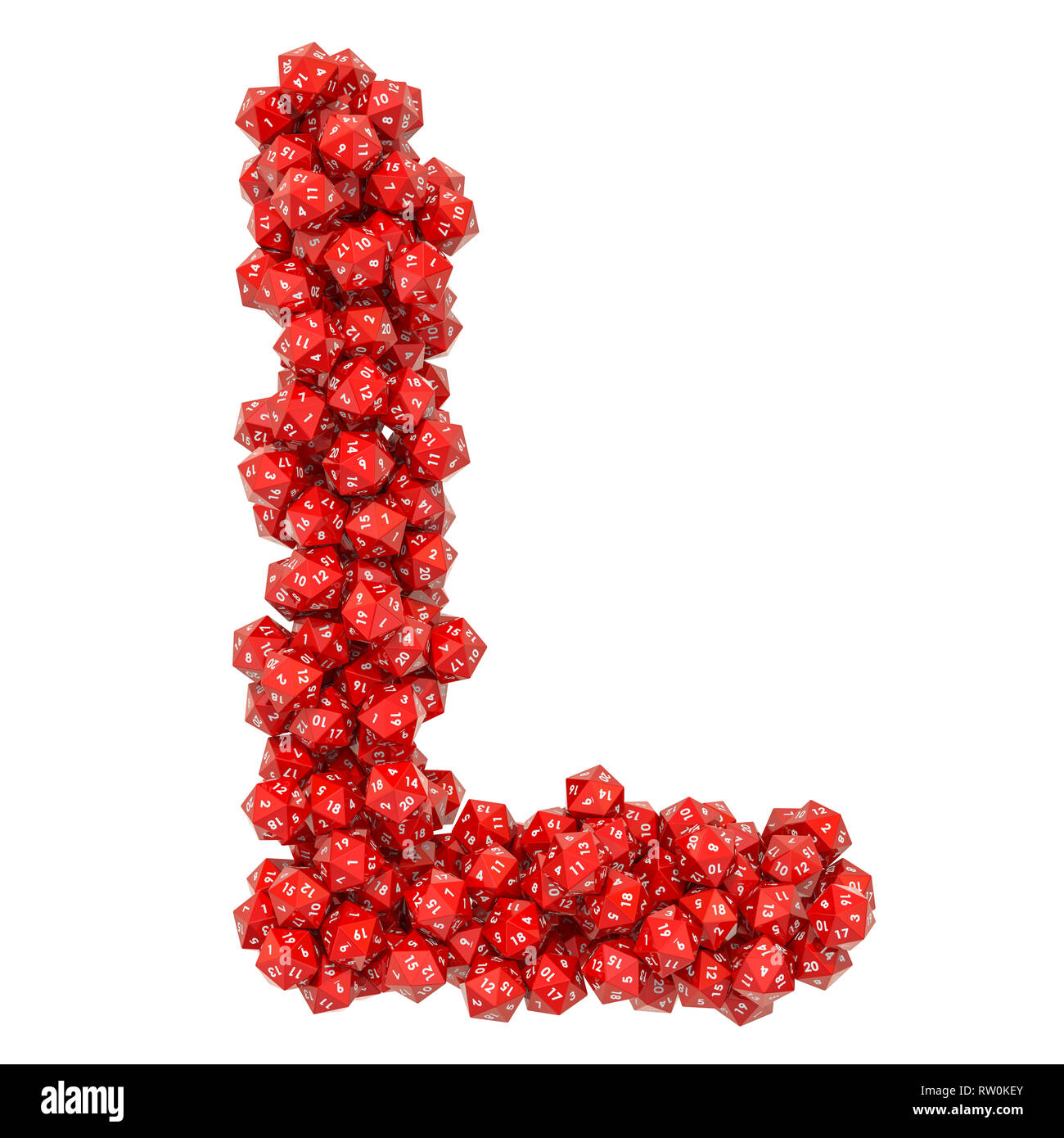 Alphabet letter L from red twenty-sided dice, 3D rendering isolated on ...