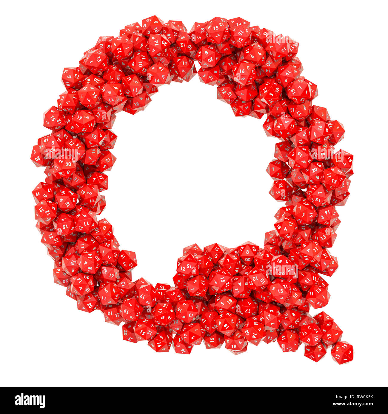 Alphabet letter Q from red twenty-sided dice, 3D rendering isolated on ...