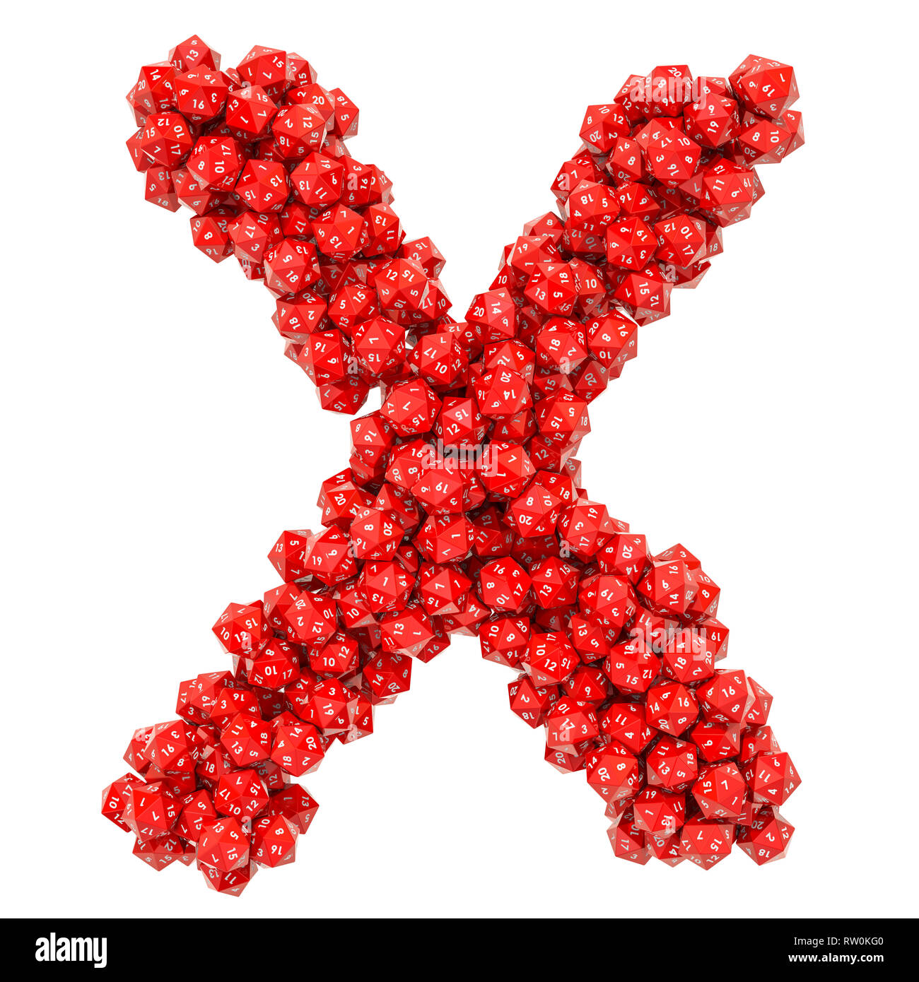 Alphabet letter X from red twenty-sided dice, 3D rendering isolated on ...