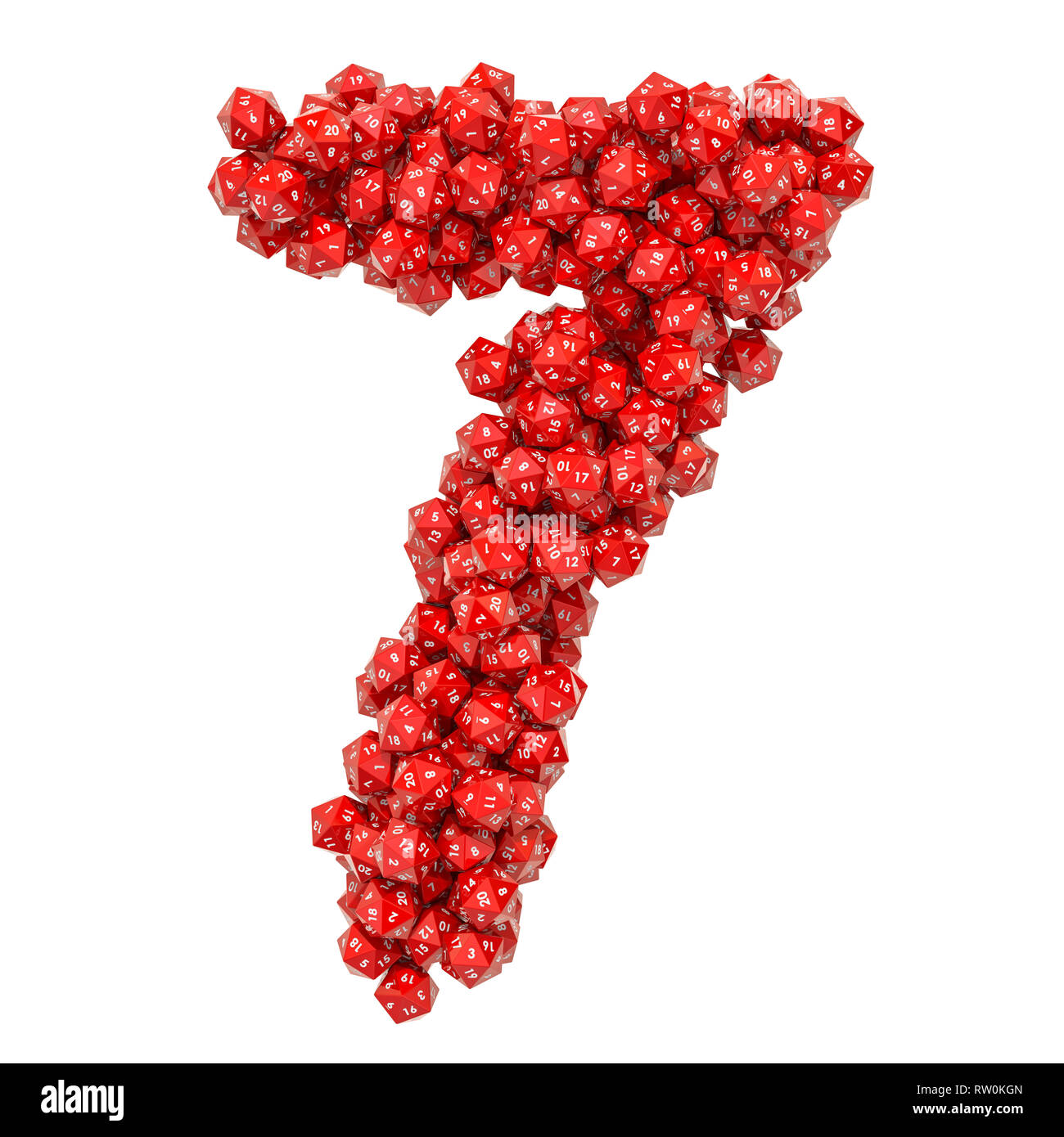 Number 7, from red twenty-sided dice, 3D rendering isolated on white ...