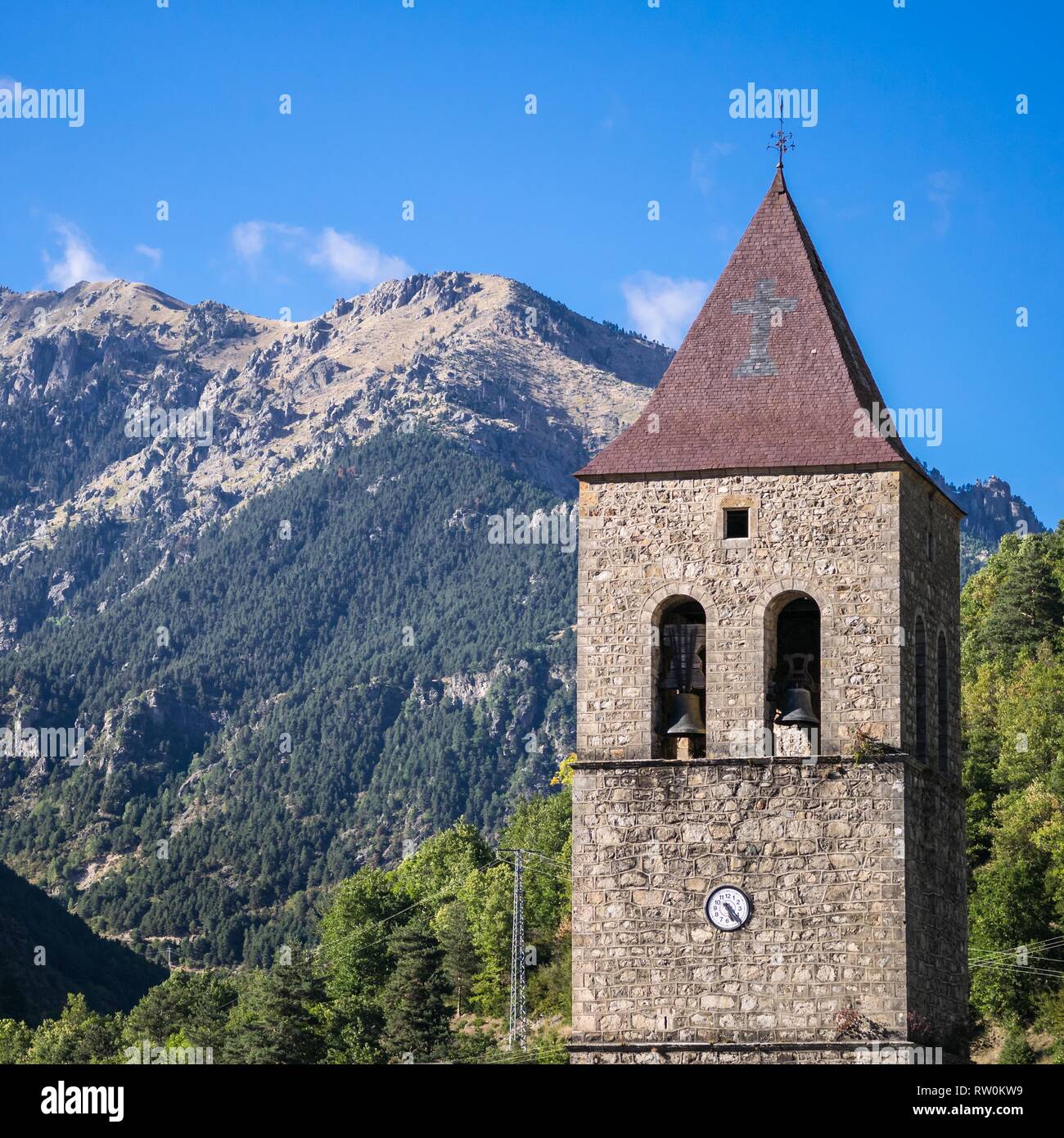 Church tower in Bielsa in the Spanish Pyrenees, Huesca, Aragon, Spain ...