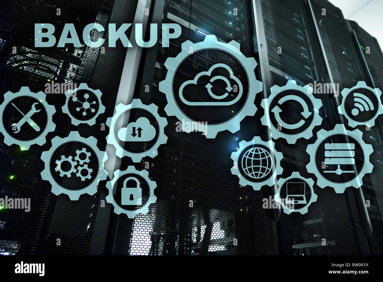 Backup System Recovery Technology Concept on modern server room ...