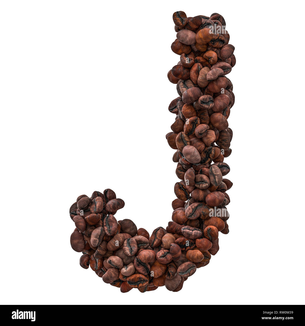 Alphabet letter J from roasted coffee beans, 3D rendering isolated on ...