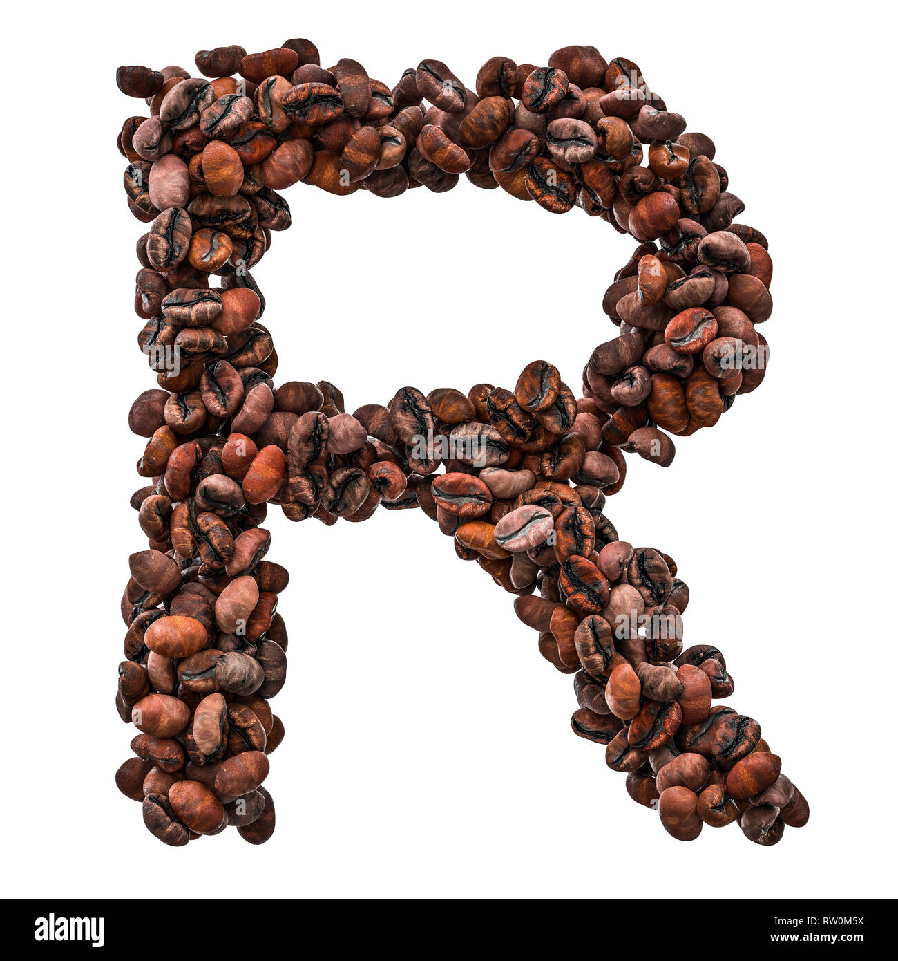 Alphabet letter R from roasted coffee beans, 3D rendering isolated on ...