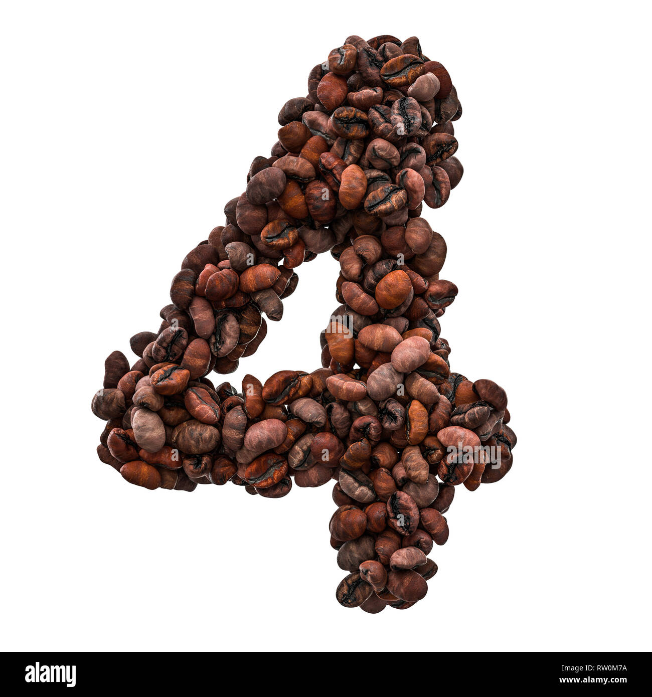 Number 4 from roasted coffee beans, 3D rendering isolated on white ...