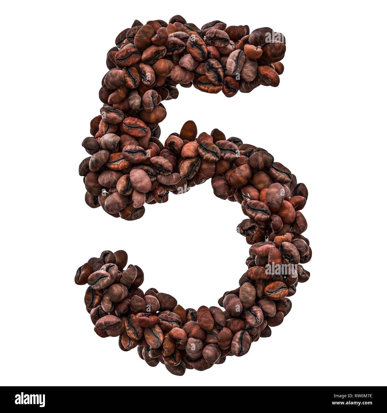Number 5 from roasted coffee beans, 3D rendering isolated on white ...